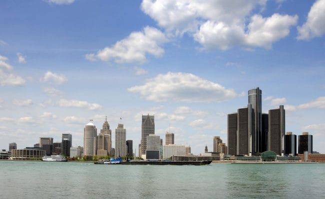 Downtown and waterfront skyline of Detroit, Michigan - Budget and the Bees